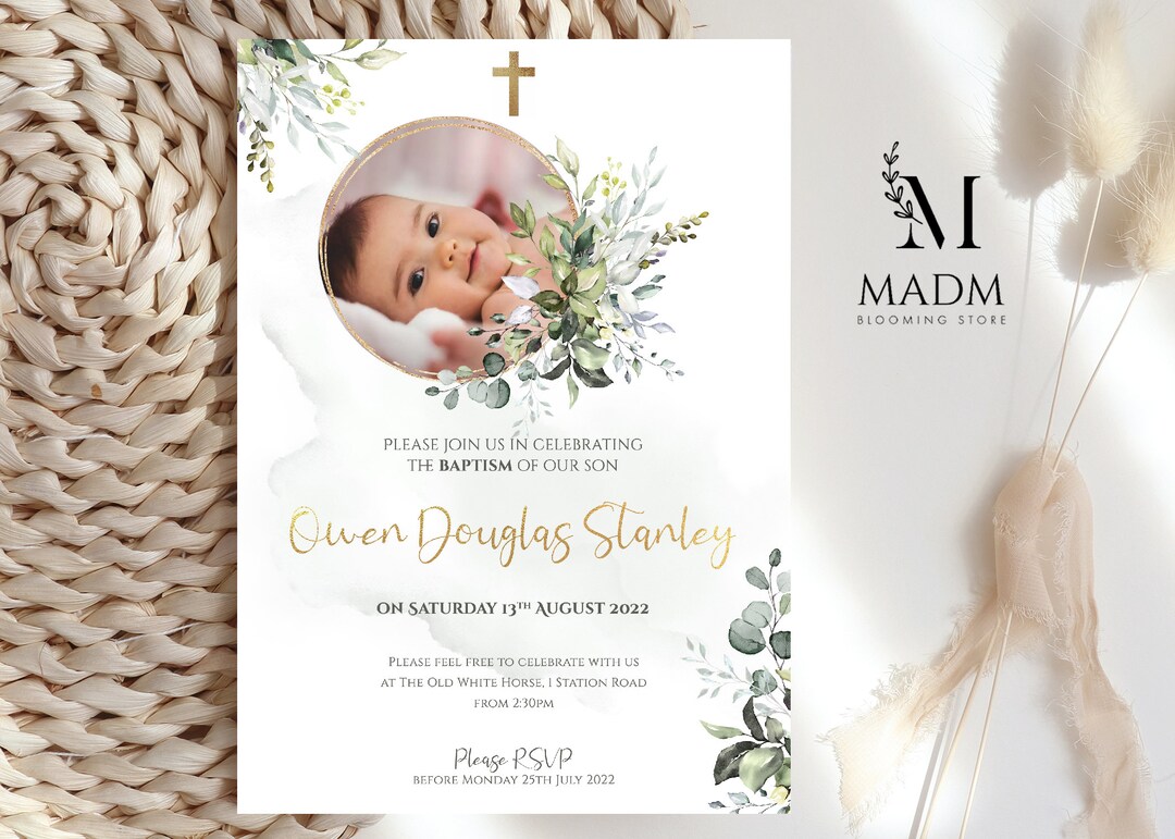 Modern Baptism Christening Golden Script Photo Invitation Greenery ...