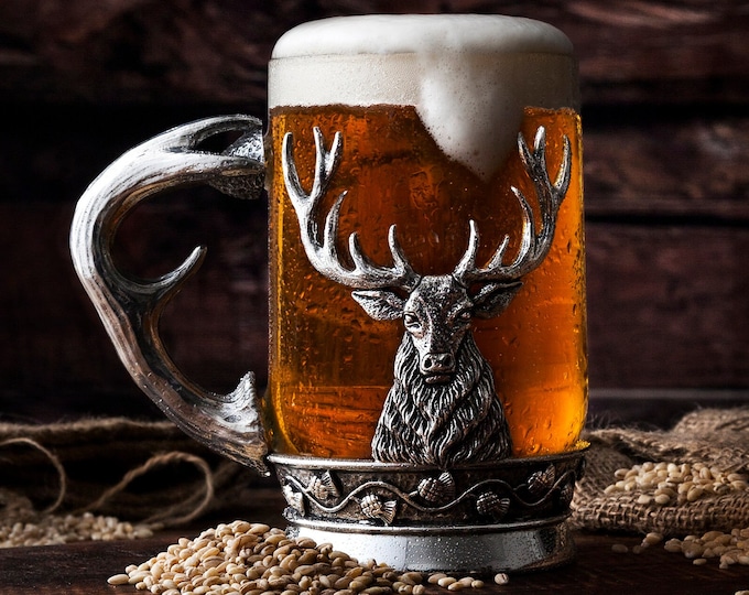 Highland Stag Glass Tankard - Pewter Antler Handle Mug, Scottish Themed ...
