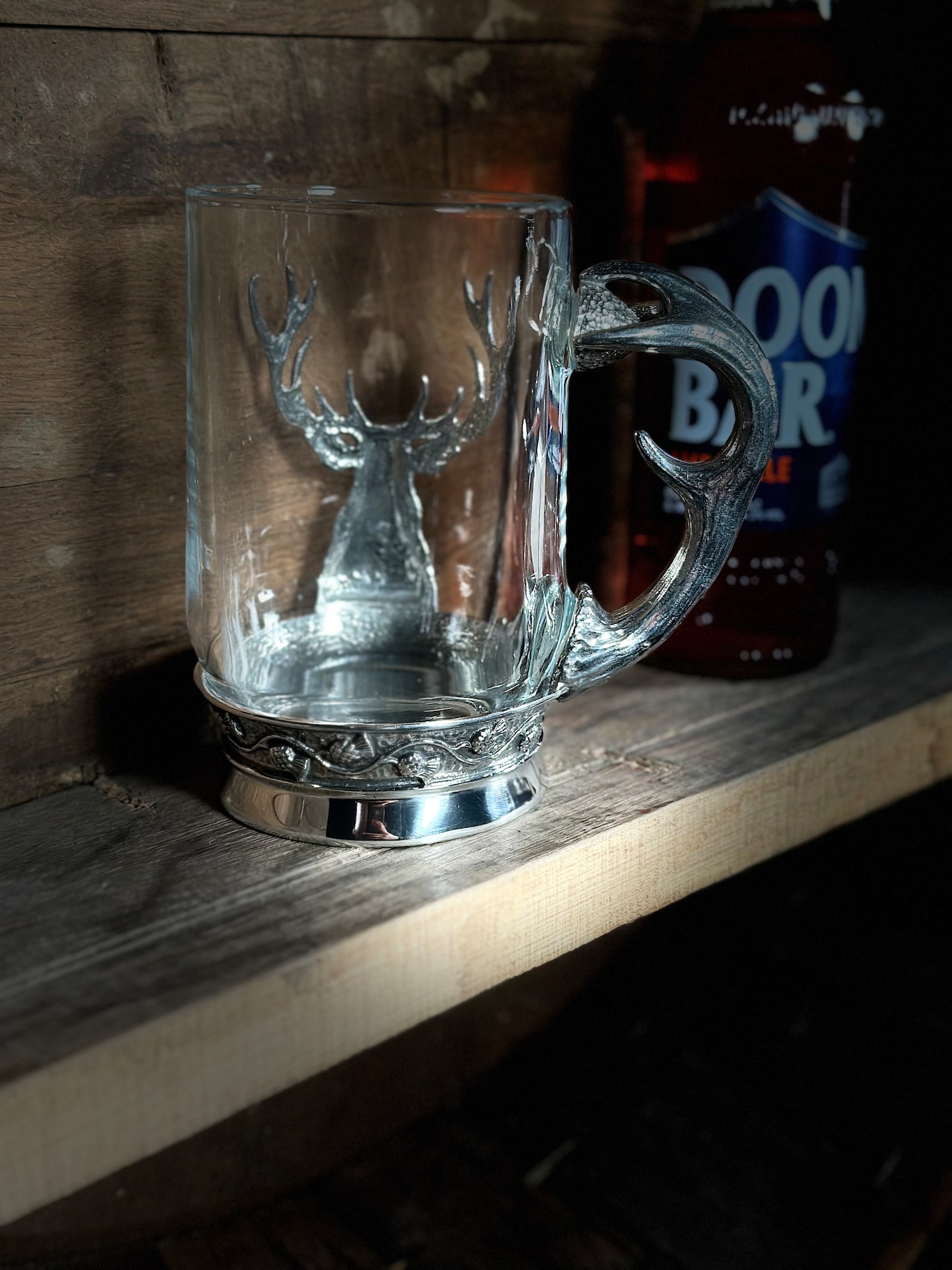 Highland Stag Glass Tankard - Pewter Antler Handle Mug, Scottish Themed ...