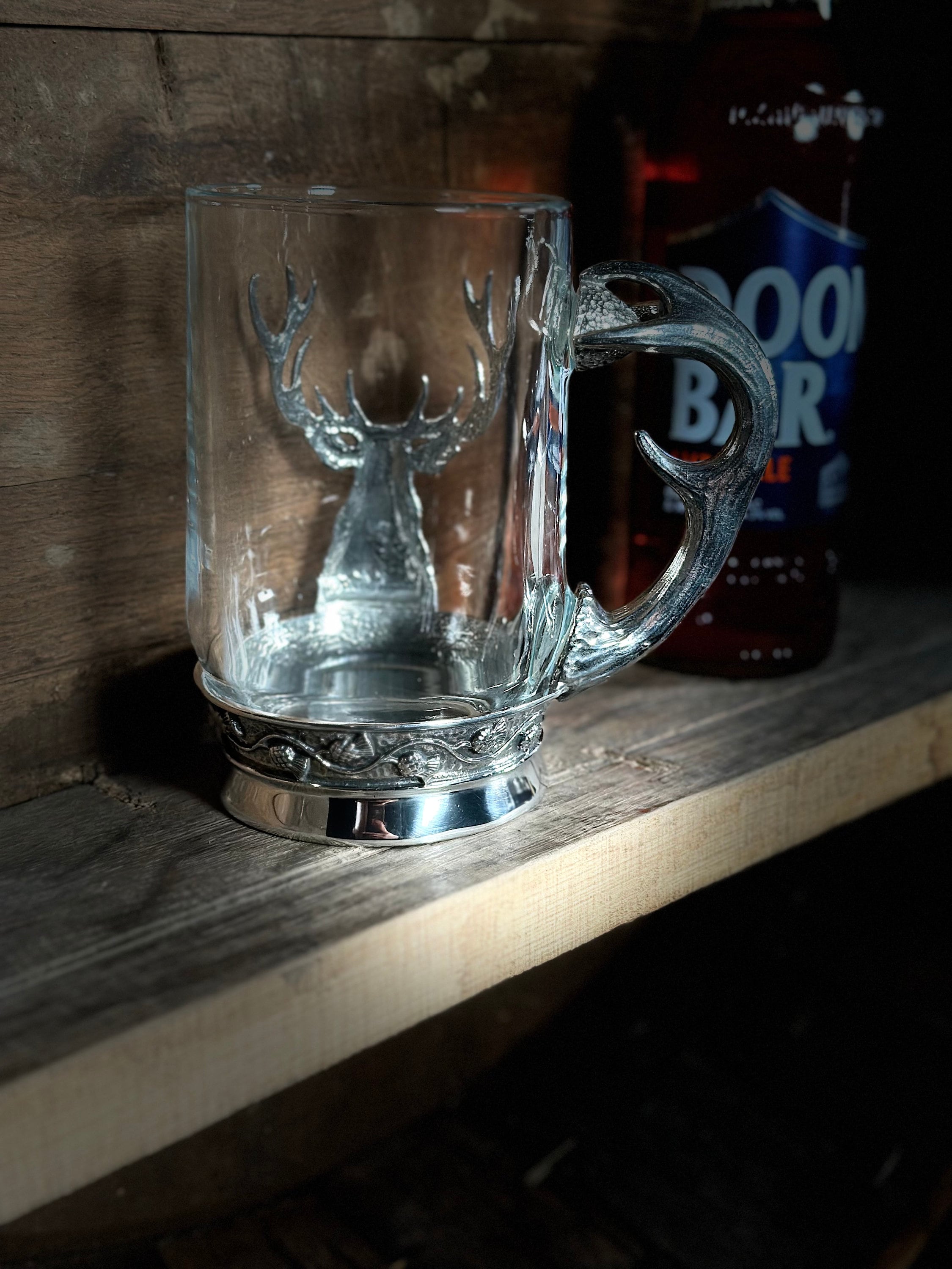 Highland Stag Glass Tankard - Pewter Antler Handle Mug, Scottish Themed ...