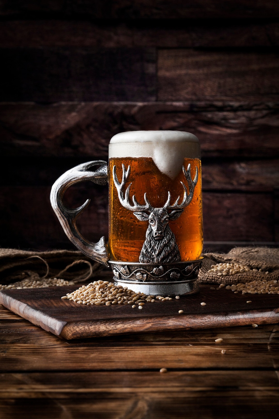 Highland Stag Glass Tankard - Pewter Antler Handle Mug, Scottish Themed ...