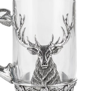 Highland Stag Glass Tankard - Pewter Antler Handle Mug, Scottish Themed ...