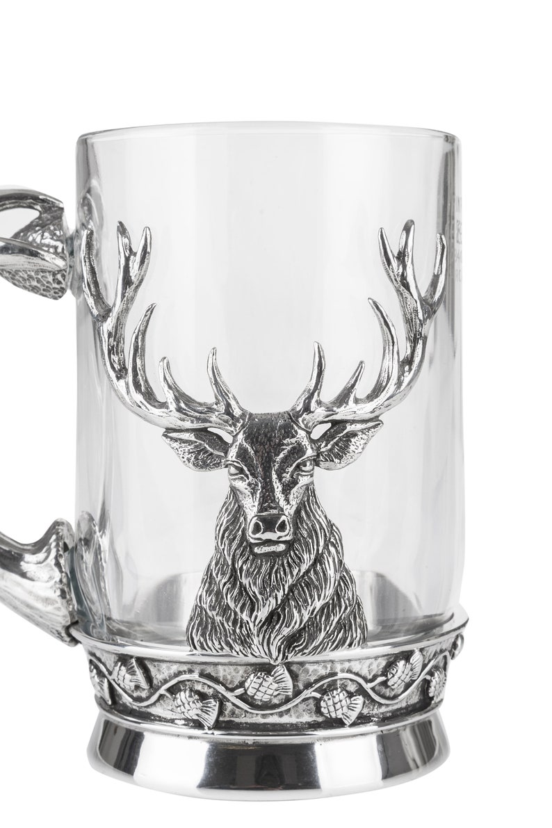 Highland Stag Glass Tankard - Pewter Antler Handle Mug, Scottish Themed ...