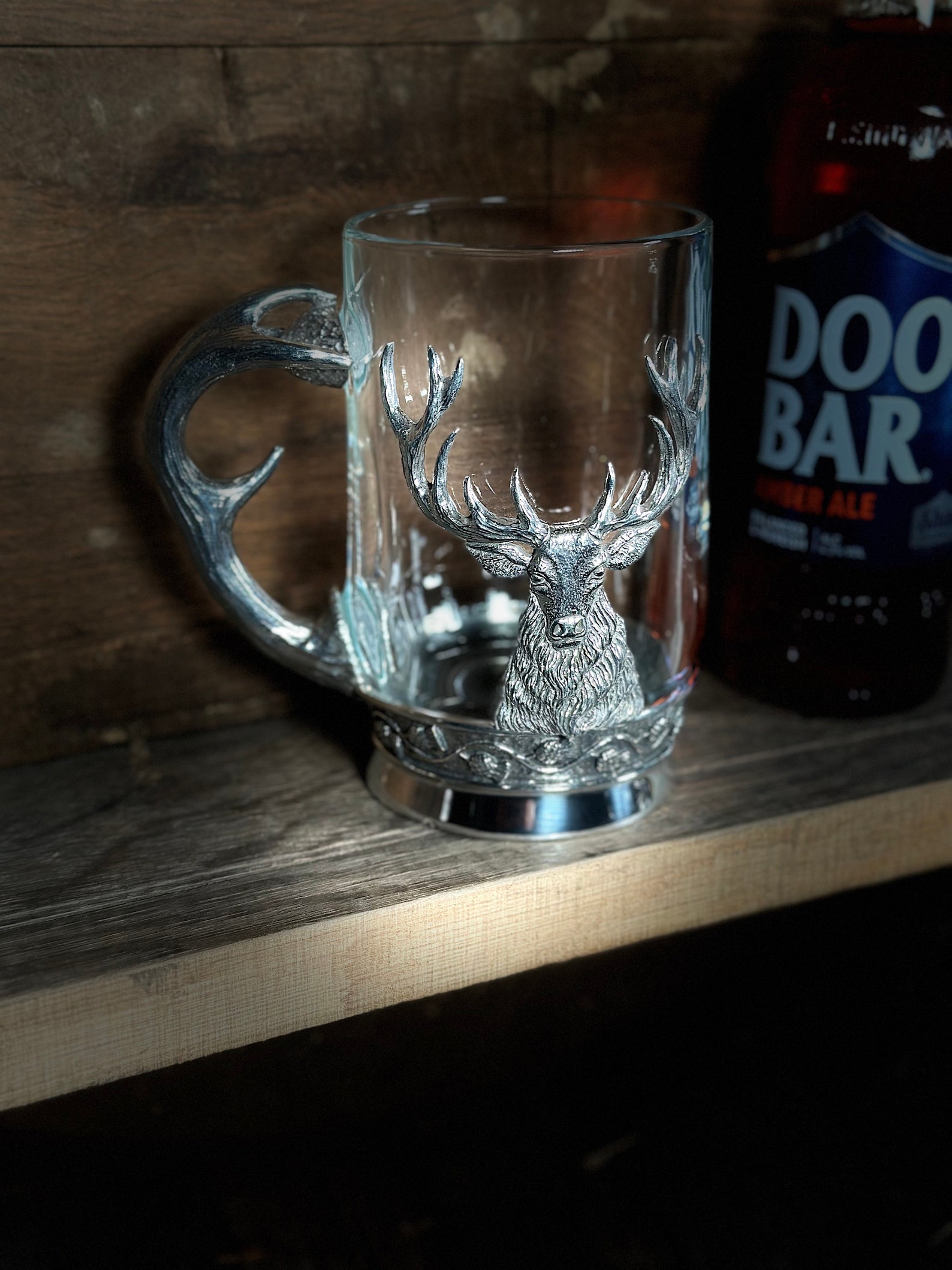 Highland Stag Glass Tankard - Pewter Antler Handle Mug, Scottish Themed ...