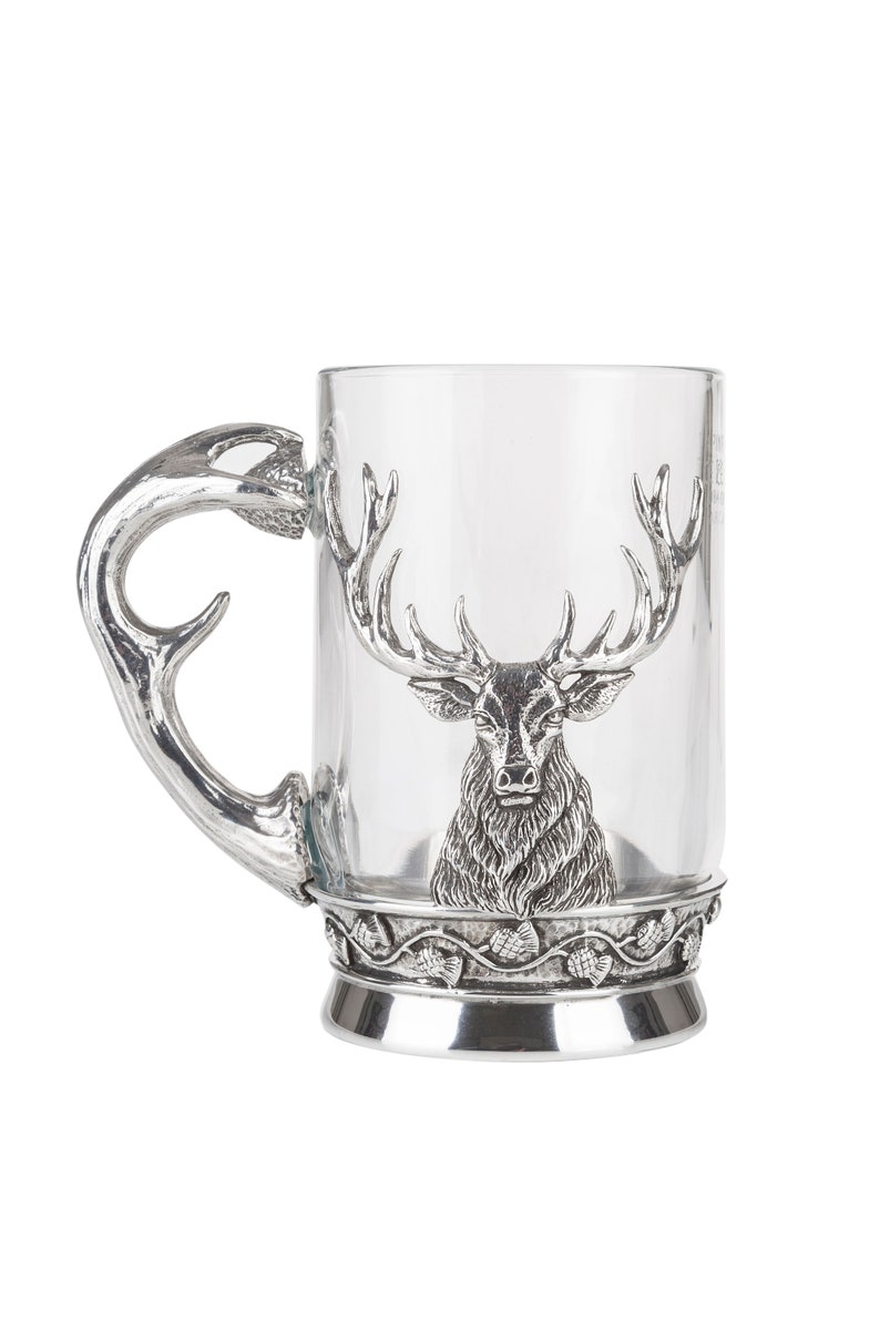 Highland Stag Glass Tankard - Pewter Antler Handle Mug, Scottish Themed ...