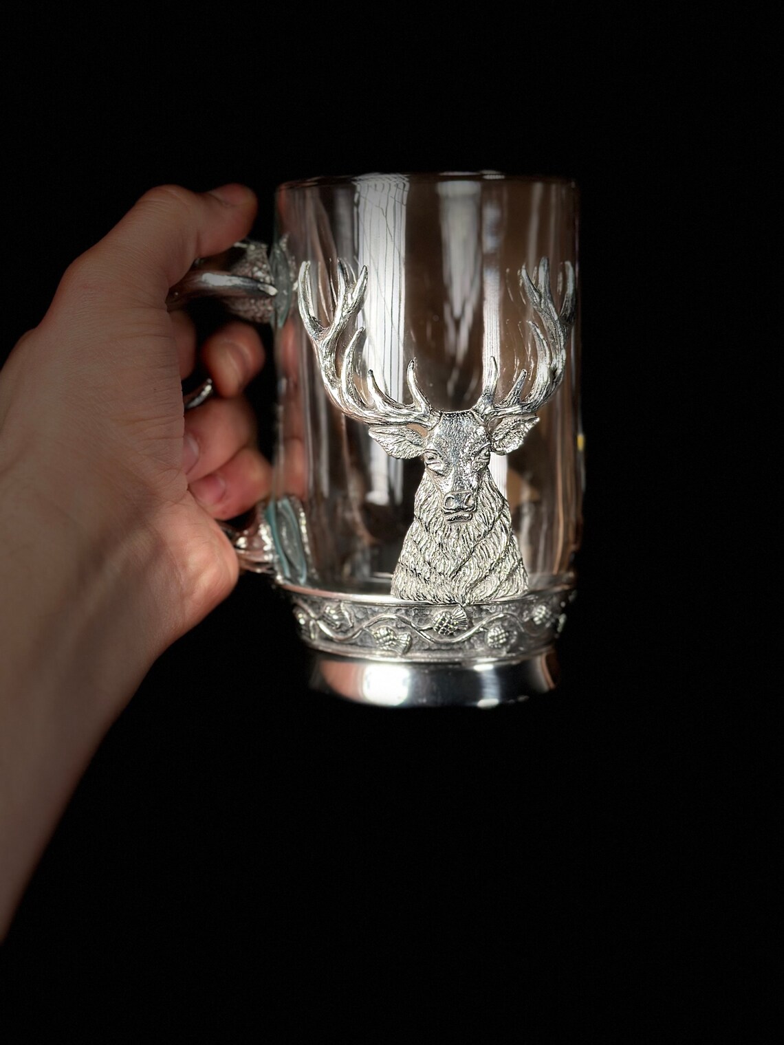 Highland Stag Glass Tankard - Pewter Antler Handle Mug, Scottish Themed ...
