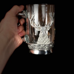 Highland Stag Glass Tankard - Pewter Antler Handle Mug, Scottish Themed ...