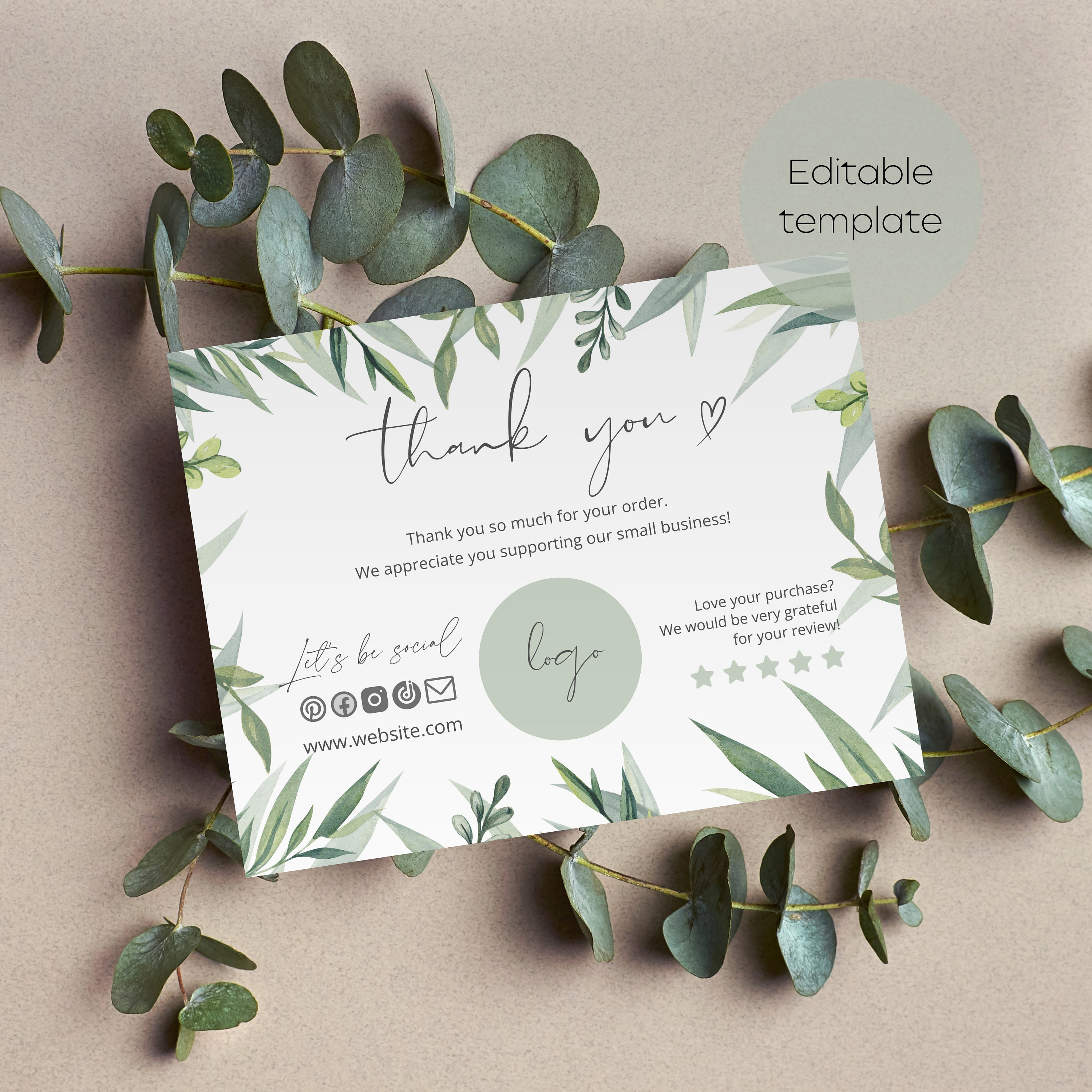 Business Thank You Card Template, Editable Thank You Card Template, Leaves Frame, Modern ...