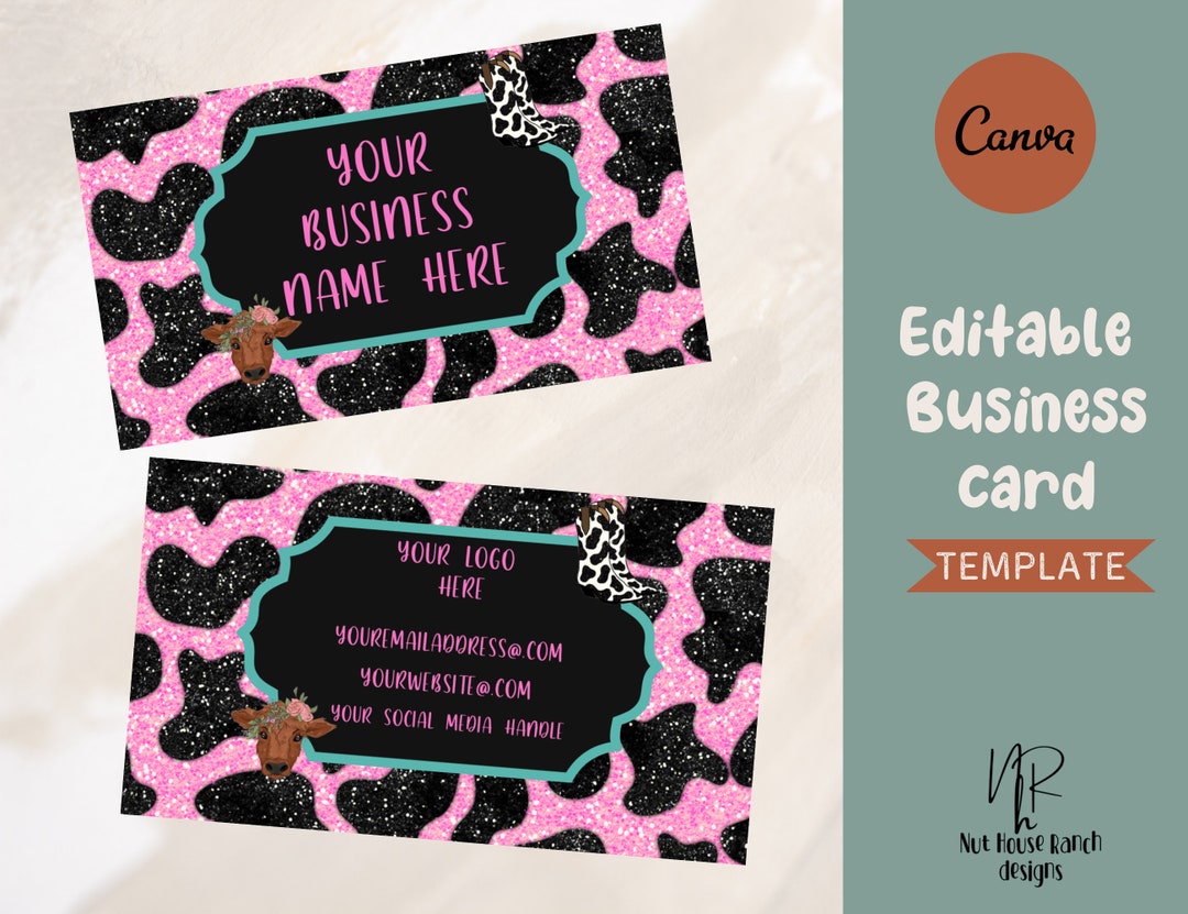 Pink Sparkle Cow Business Card Template | Canva Business Card Design ...
