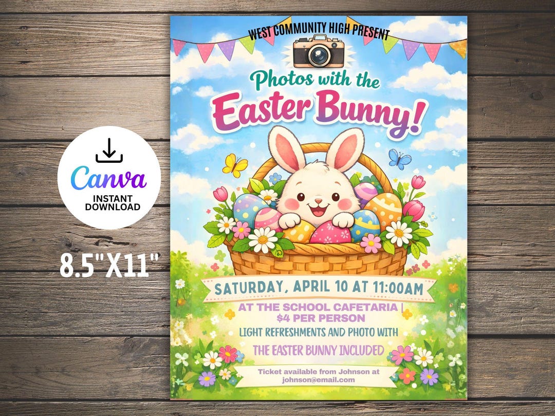Easter Bunny Photo Flyer Template, School Event, Editable Canva (8.5" X ...