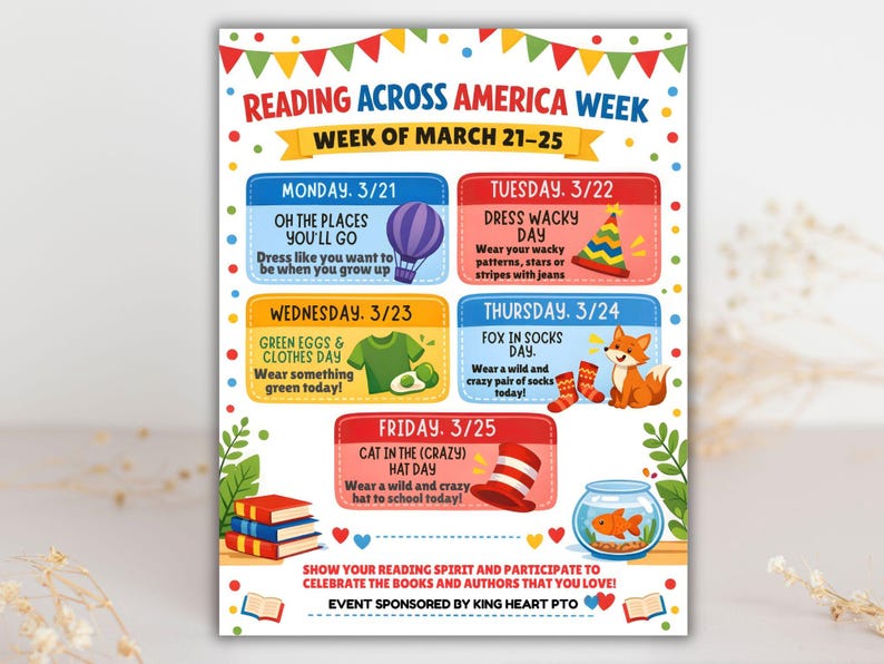 Read Across America Week Flyer, Spirit Week Schedule, Elementary School ...