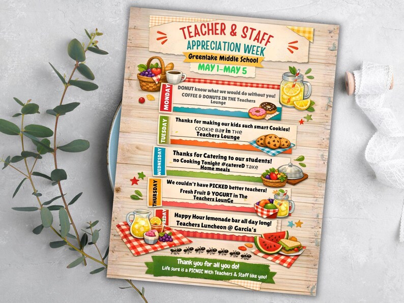 Editable Teacher Appreciation Week Itinerary, Schedule, Picnic Theme ...