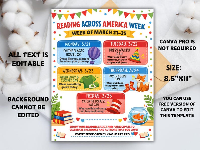 Read Across America Week Flyer, Spirit Week Schedule, Elementary School ...