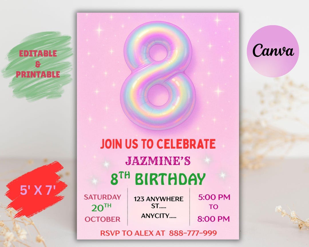 Editable Pink 8th Birthday Invitation: Glitter Rainbow Foil (digital ...