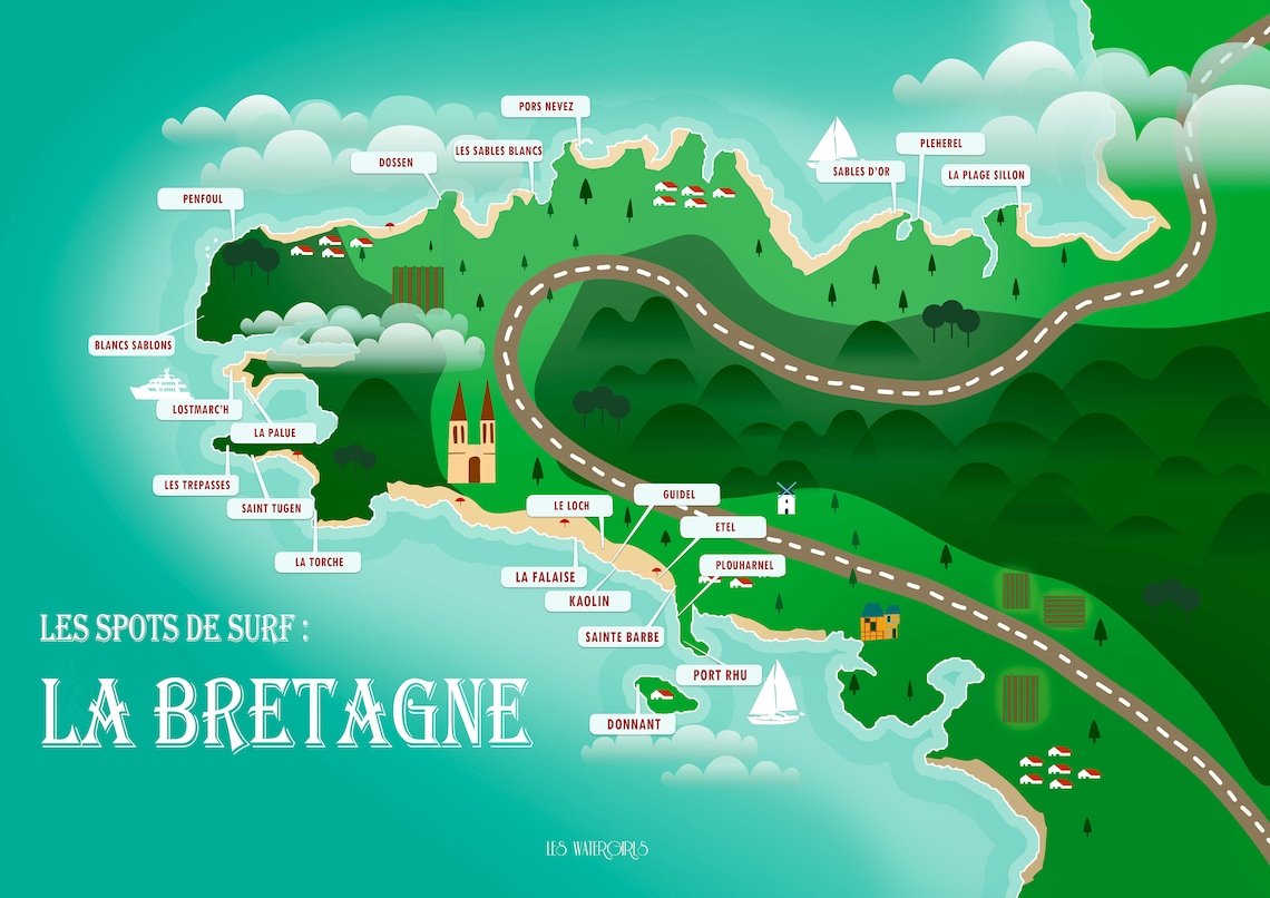 Surf Map Brittany Map Surf Brittany France - Etsy Ireland