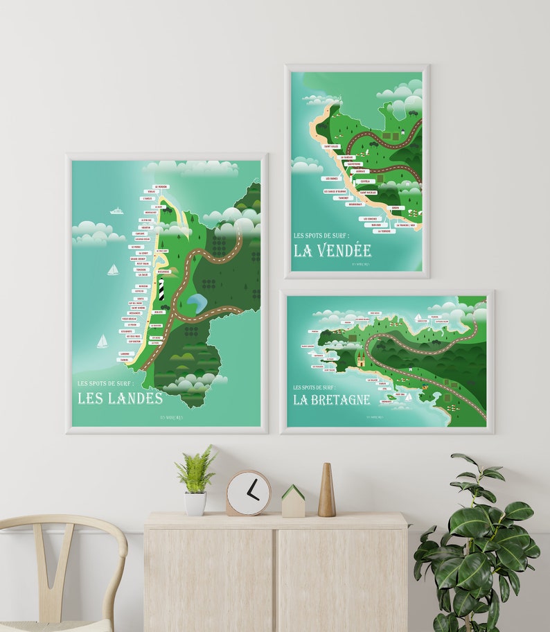 Surf Map Landes Carte Surf Landes Surfing Map France - Etsy