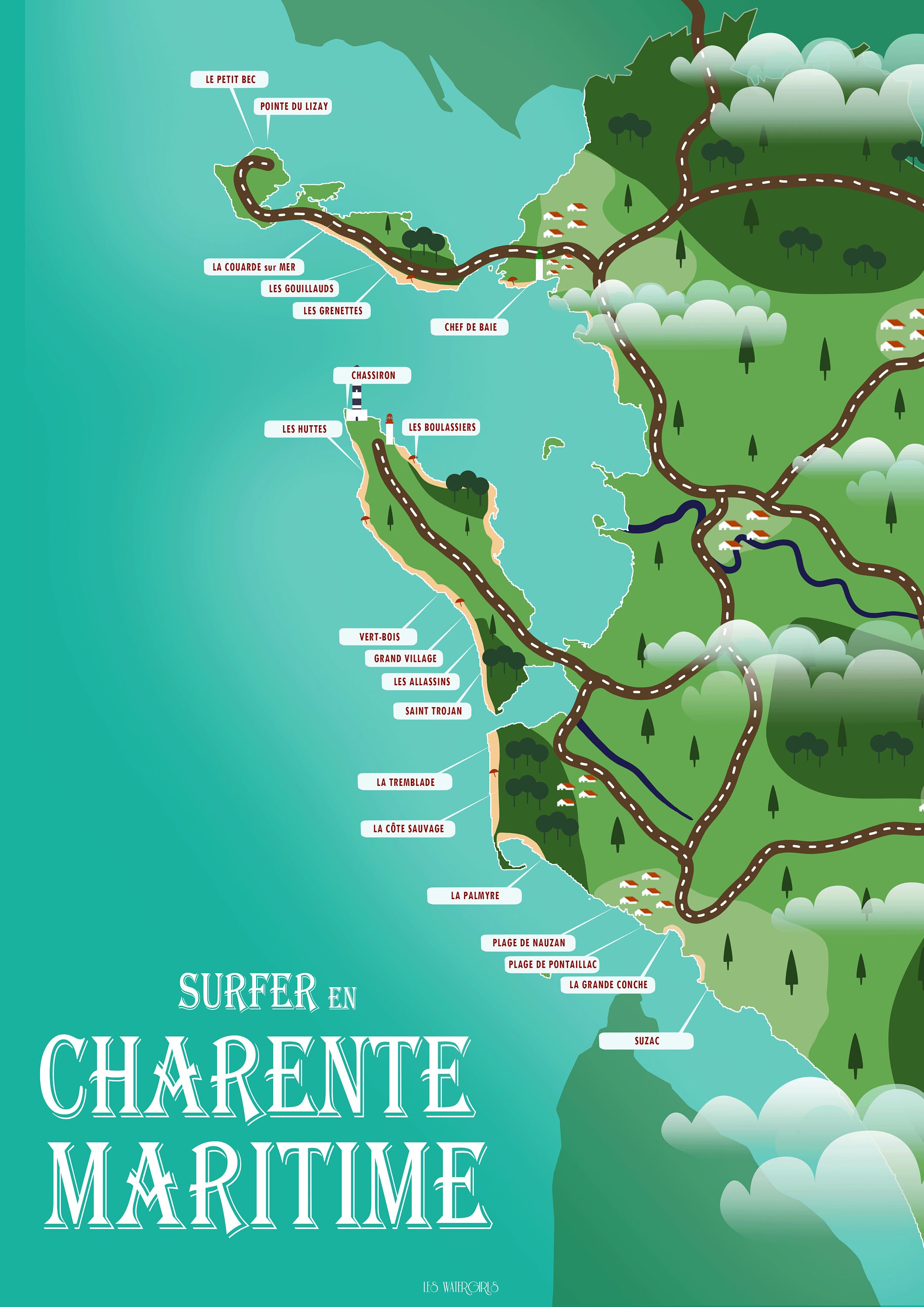 Surf Map Charente Maritime, Surfing Map, Carte Surf France - Etsy France