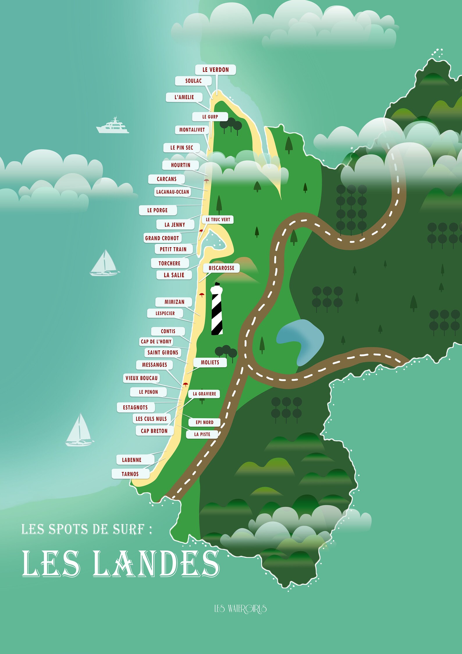 Surf Map Landes Carte Surf Landes Surfing Map France - Etsy