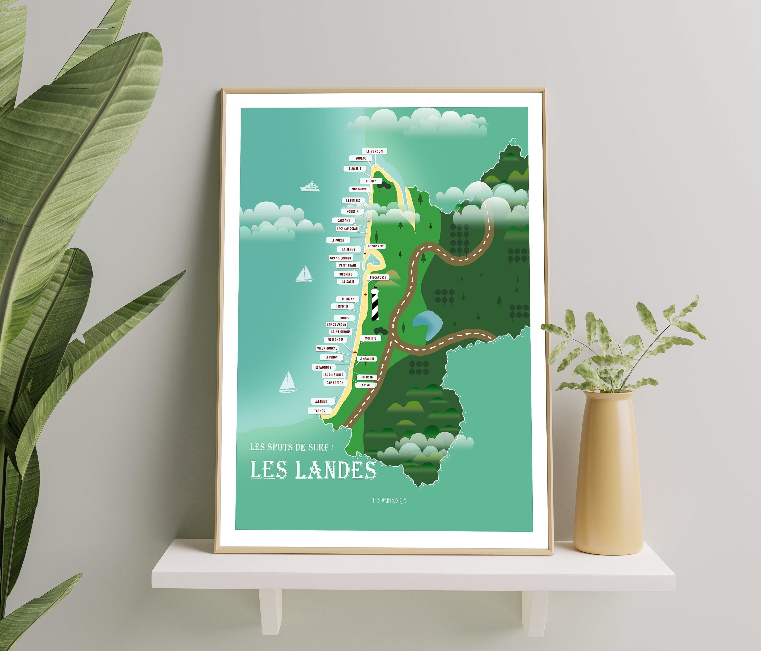 Surf Map Landes Carte Surf Landes Surfing Map France - Etsy