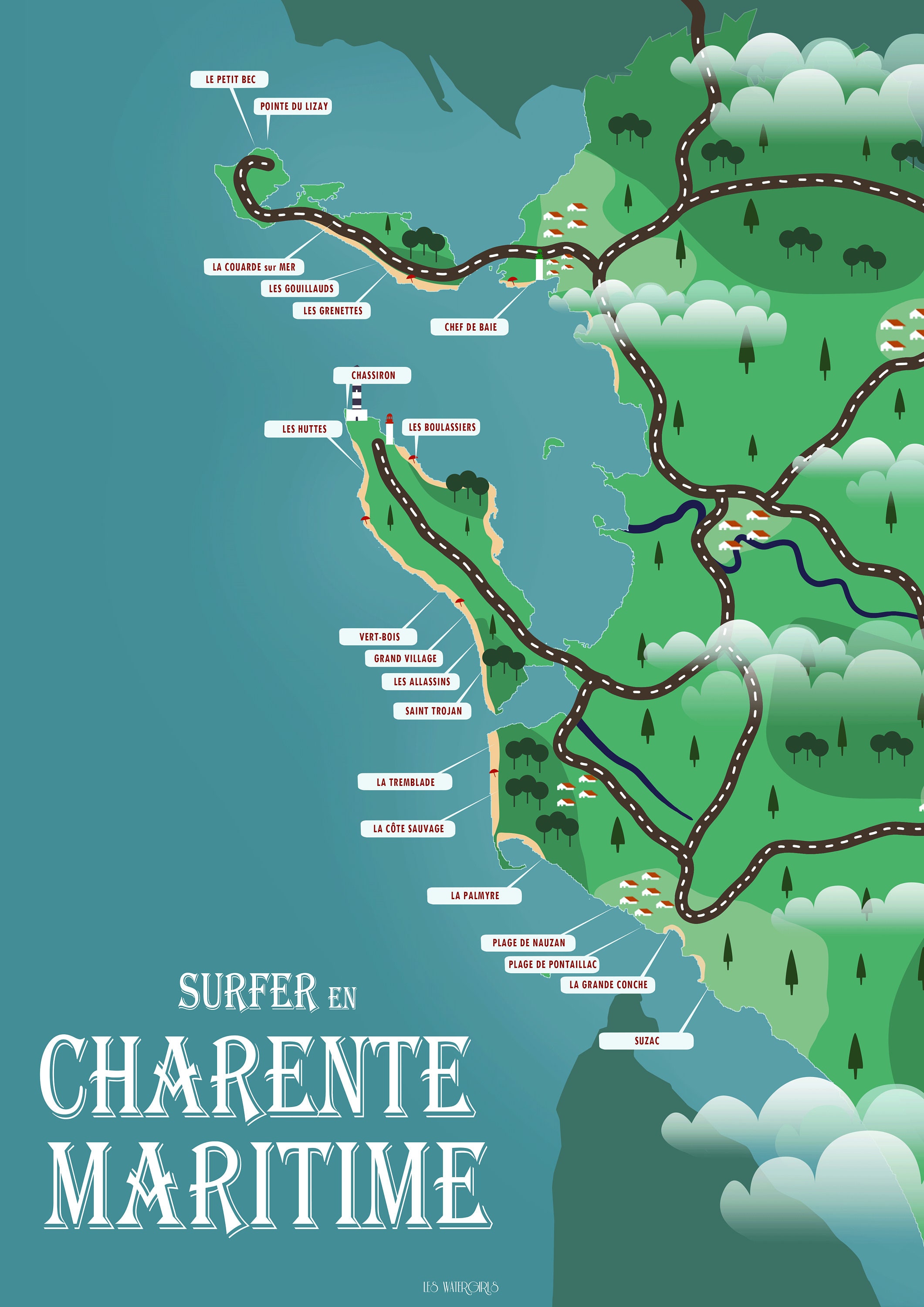 Surf Map Charente Maritime, Surfing Map, Surf Map France - Etsy