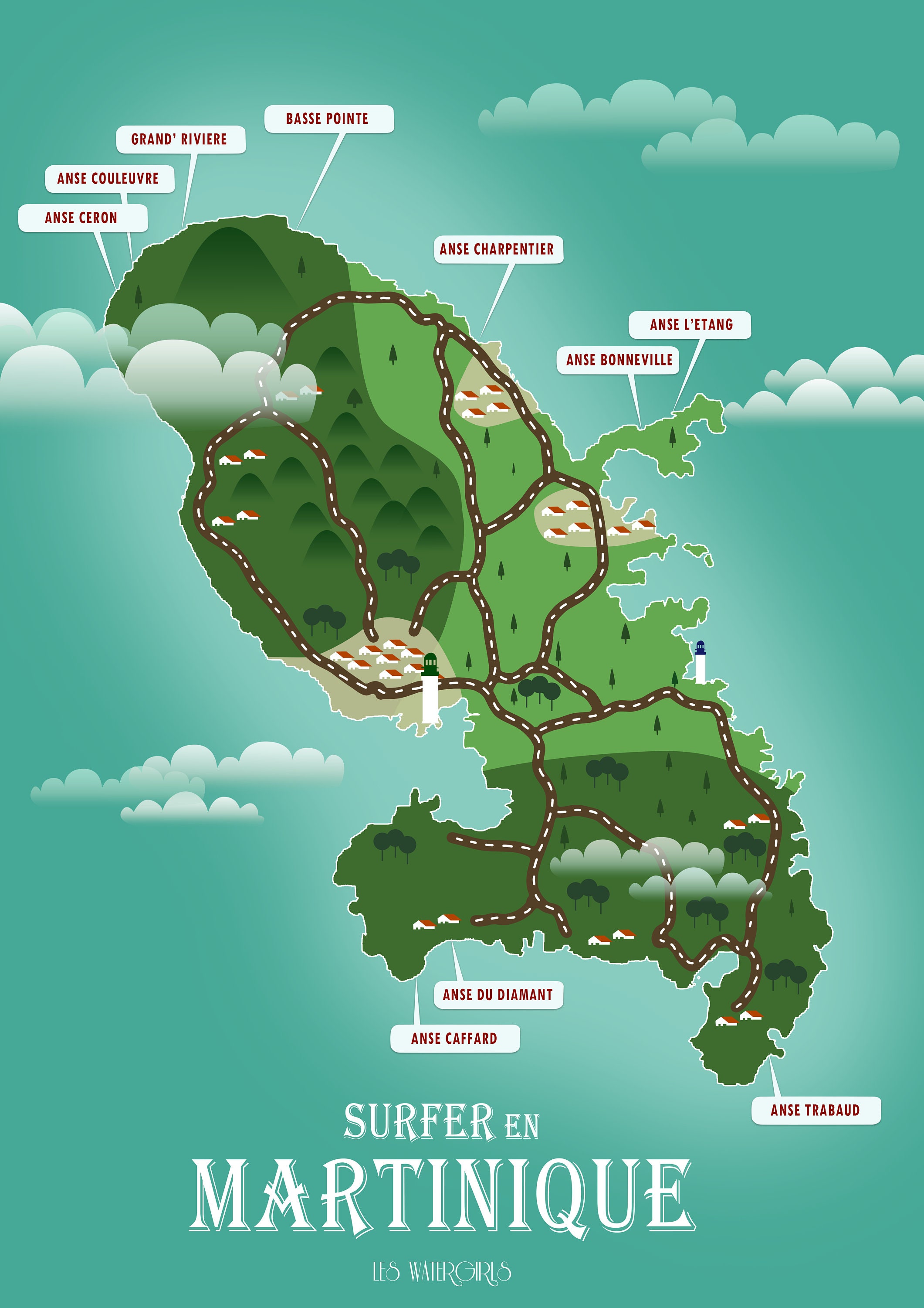 Surf Map Martinique, Carte surf Martinique, Surfing Map - Etsy France