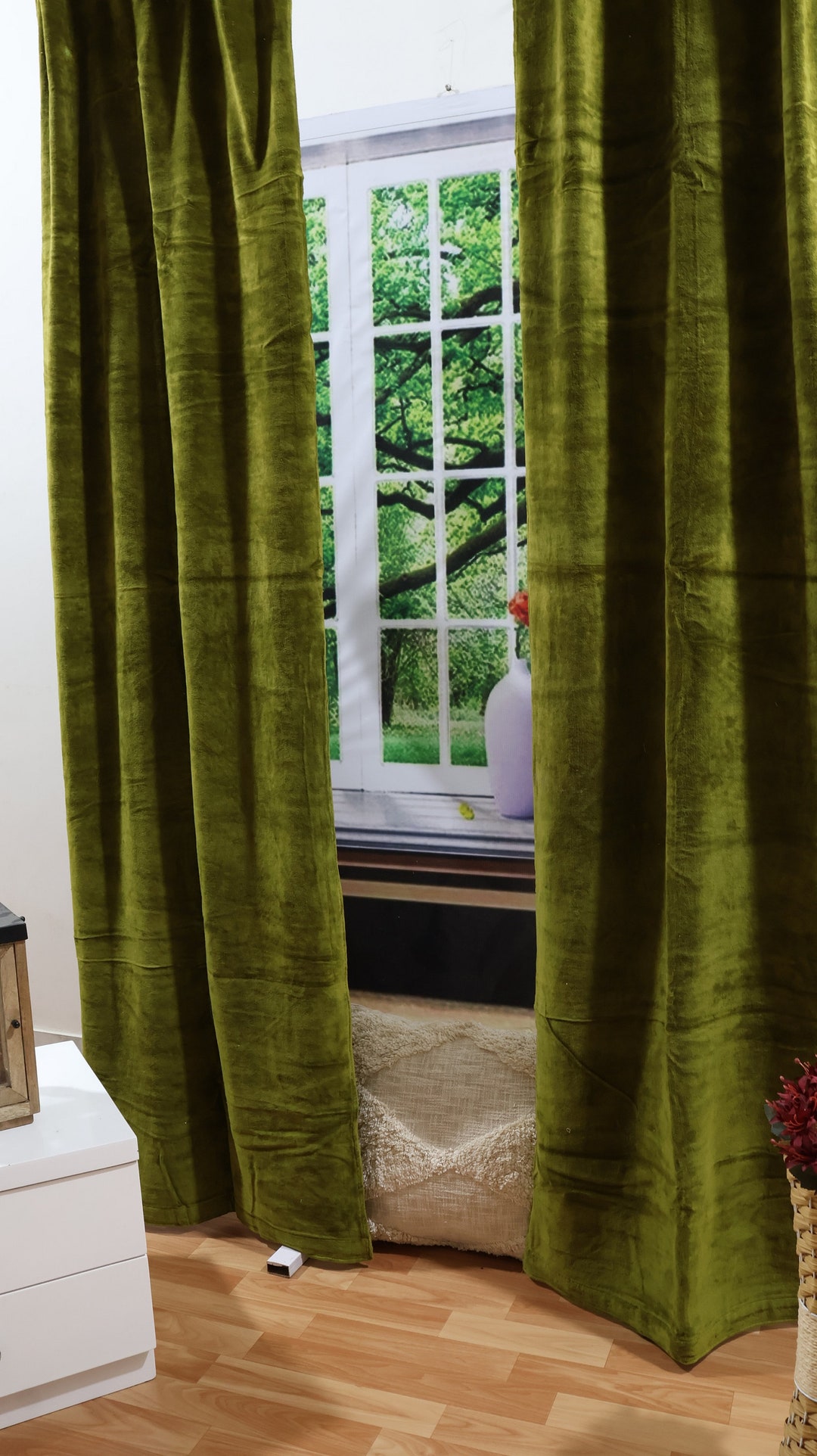 Moss Green Velvet Curtain Luxury Cotton Velvet Curtain Bohemian Window ...
