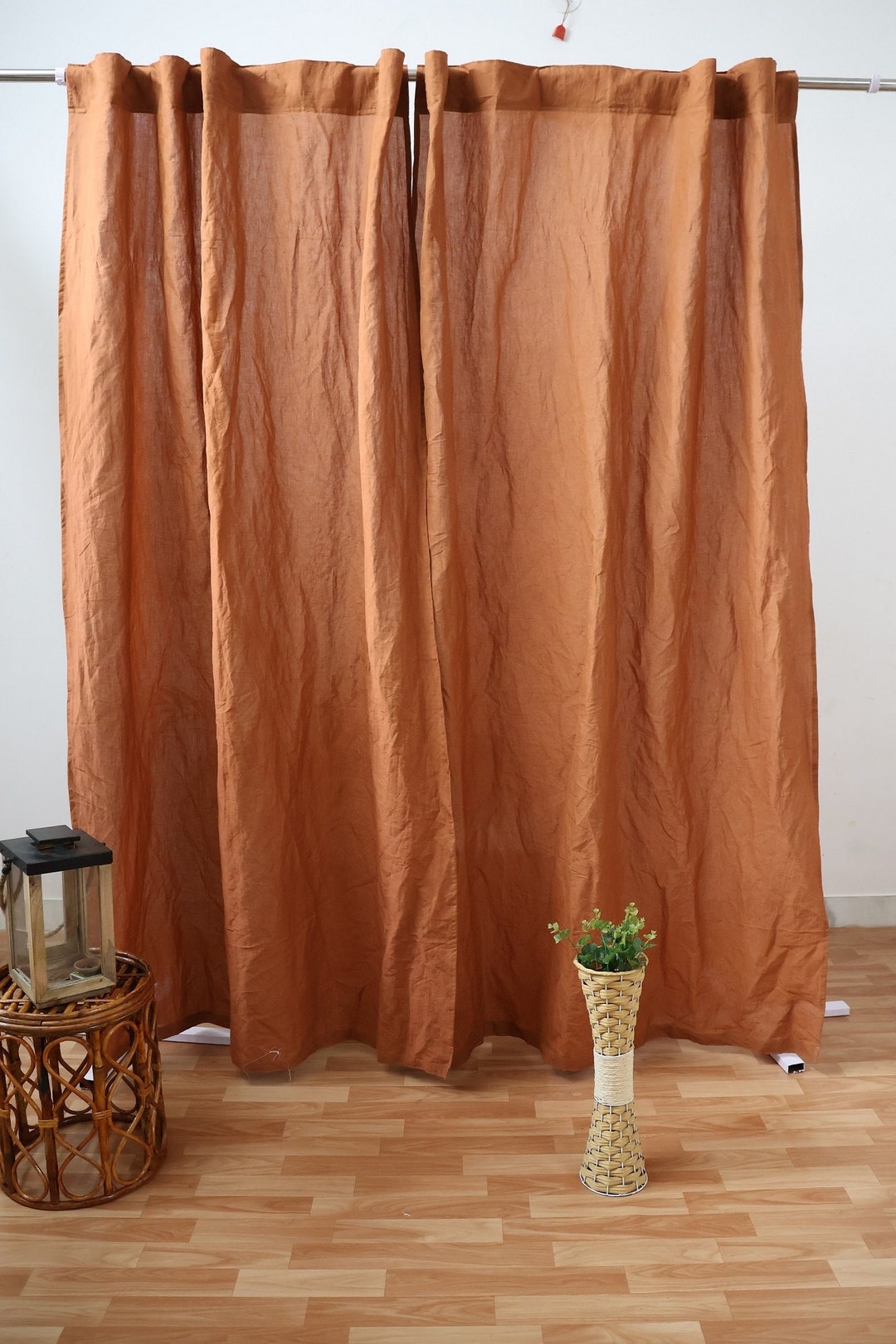 Rusty Orange Linen Curtain Set: Natural Soft Washed Linen Bedroom ...