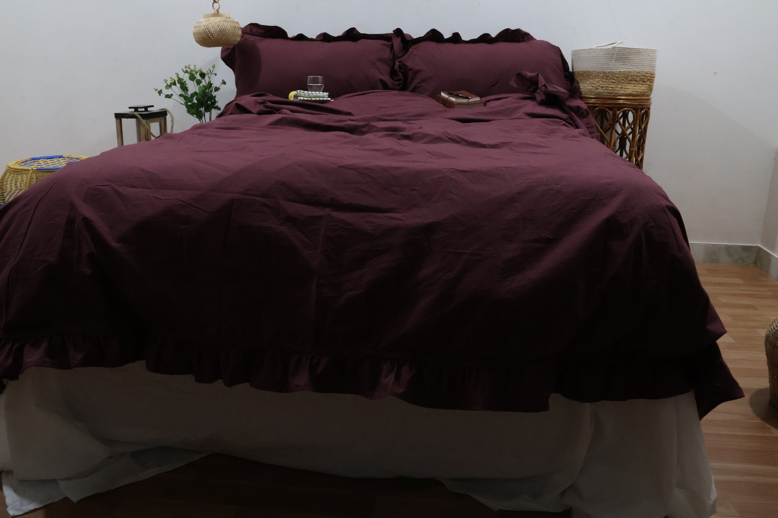 Maroon Ruffled Cotton Duvet Stonewashed Comforter Cover Natural Duvet ...