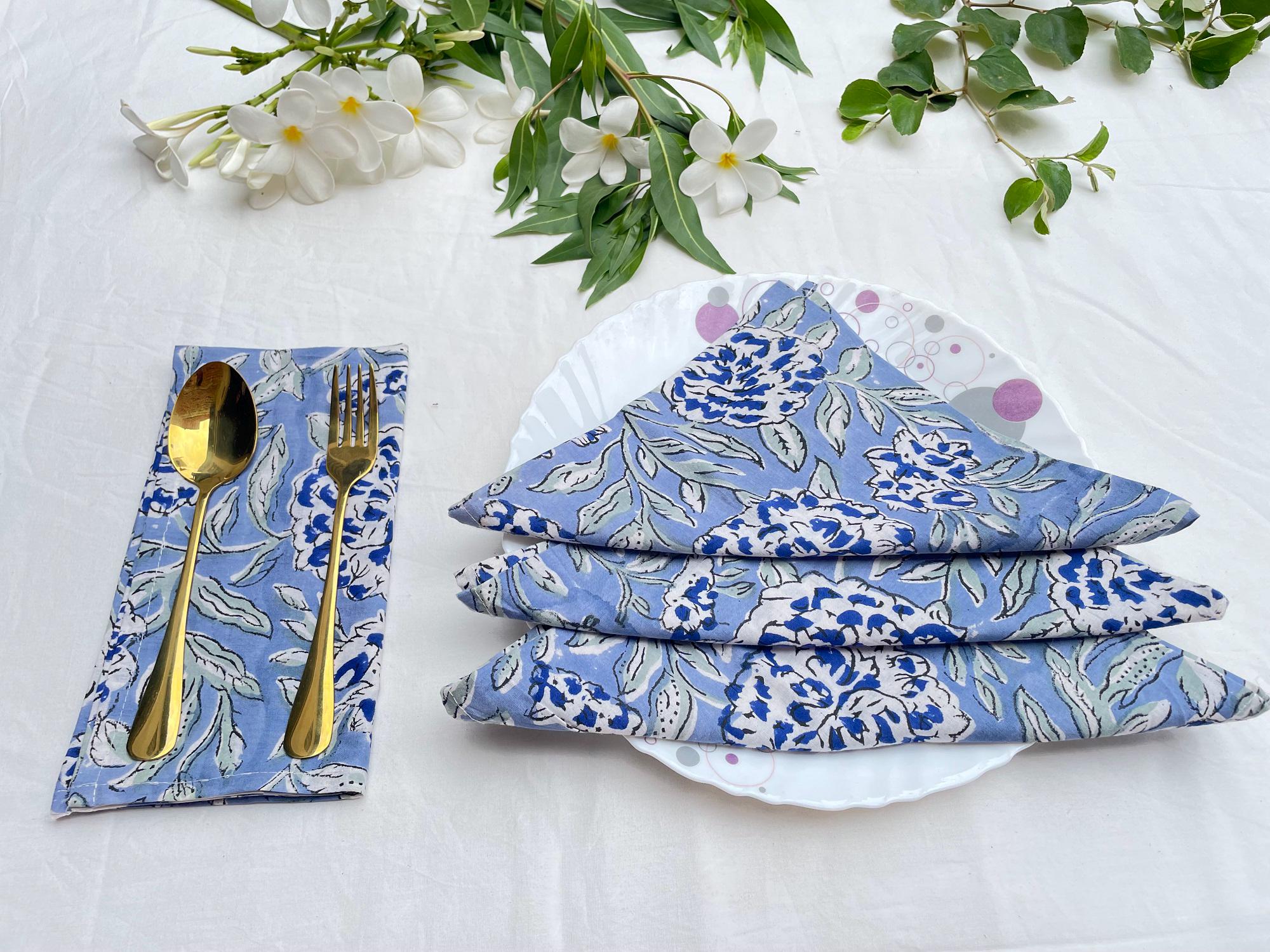 Blue Floral Hand Block Printed Cotton Napkins - Hand Block Printed ...