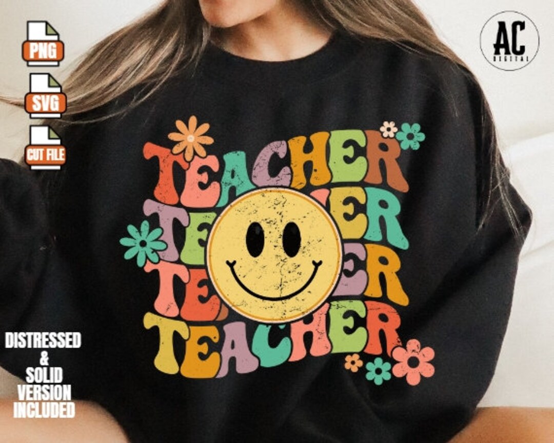 Teacher Svg, Teacher Png, Groovy Teacher, Retro Smiley Face Teacher ...