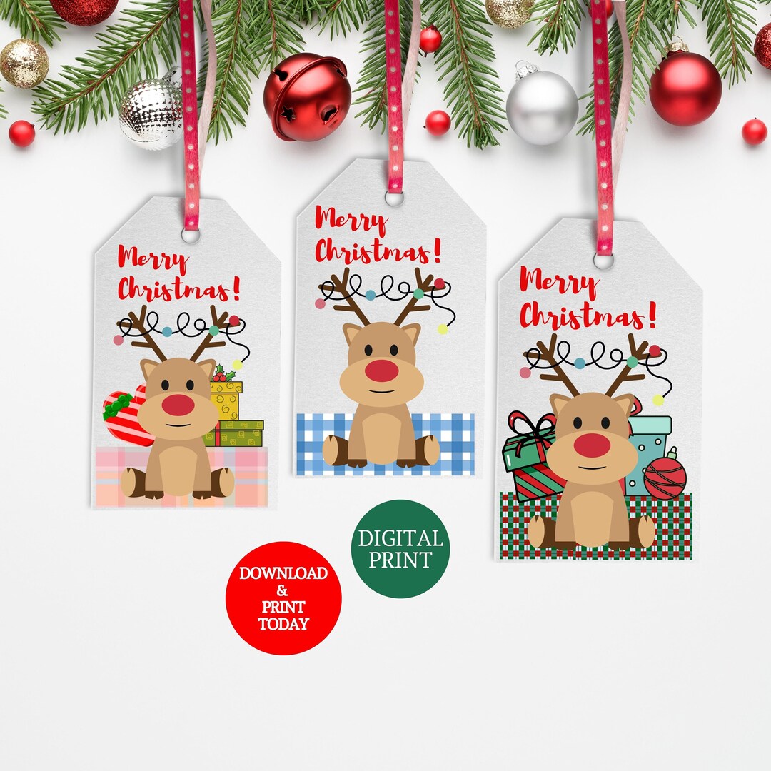 Printable Reindeer Gift Tag, Merry and Bright Reindeer Christmas Tag ...
