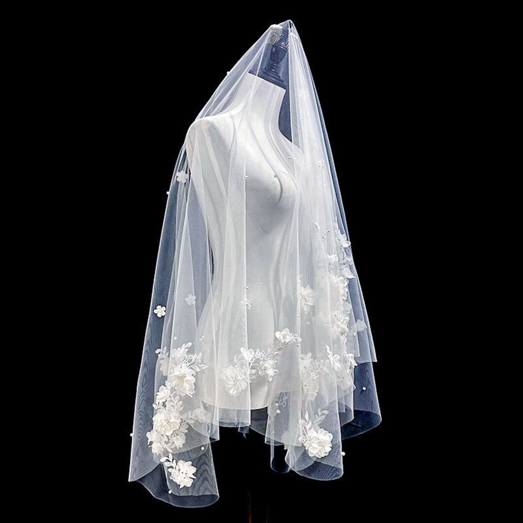 Flower Pearl Wedding Veil, Double Layer Boho Wedding Veil, Chapel ...