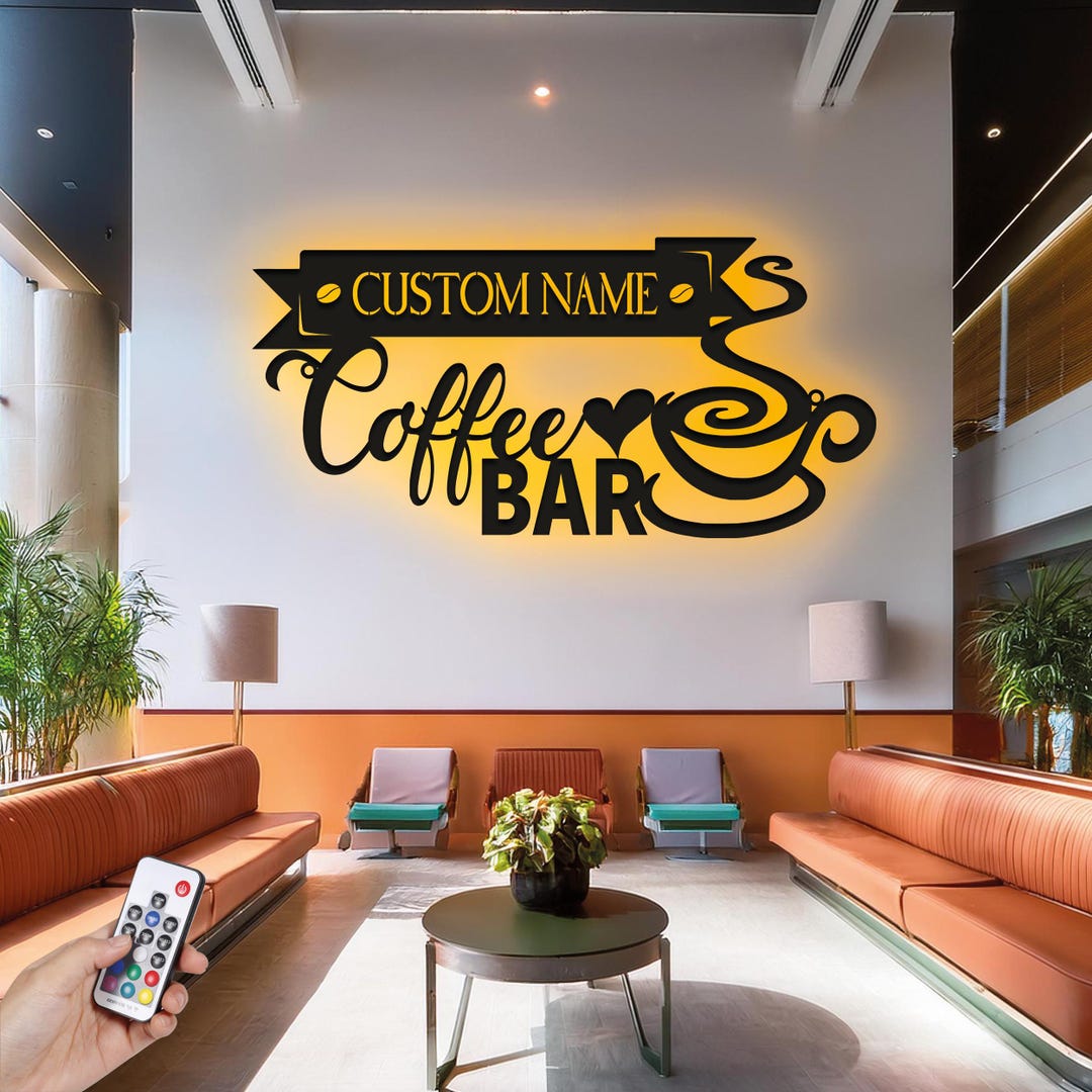 Custom Cafe & Bar Name LED Metal Wall Art | Personalized Coffee Shop ...