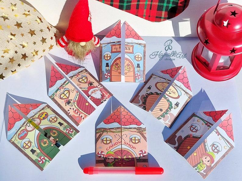 Set of 6 Printable North Pole Christmas Cards, Elf Village Paper Houses ...