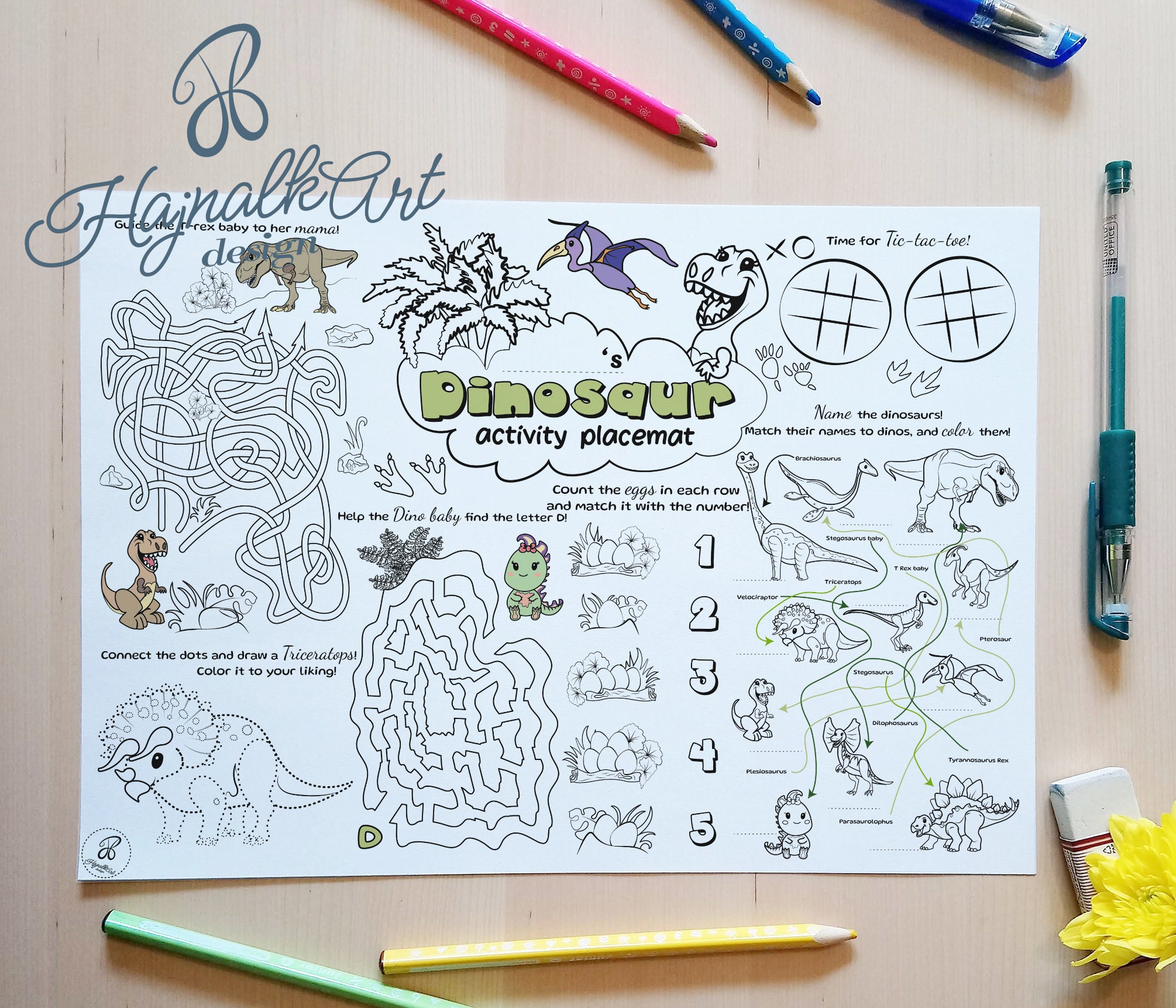 Printable Dinosaur Activity Placemat, Dino Coloring Table Mat, Dinosaur ...
