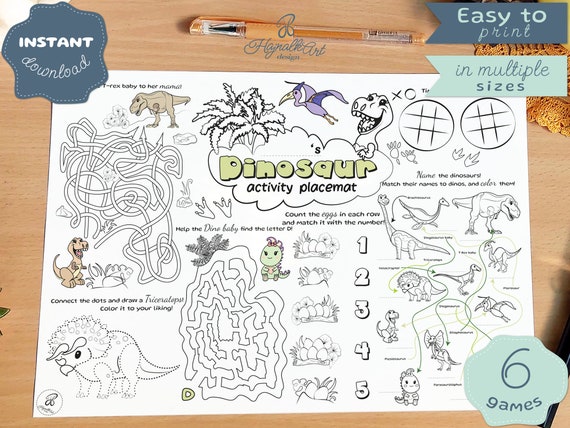 Printable Dinosaur Activity Placemat Dino Coloring Table Mat - Etsy