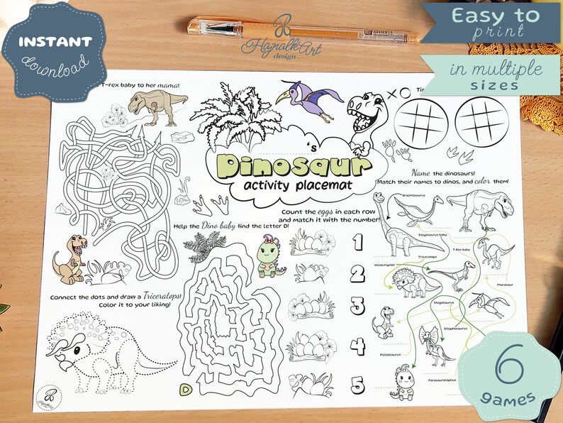 Printable Dinosaur Activity Placemat, Dino Coloring Table Mat, Dinosaur ...