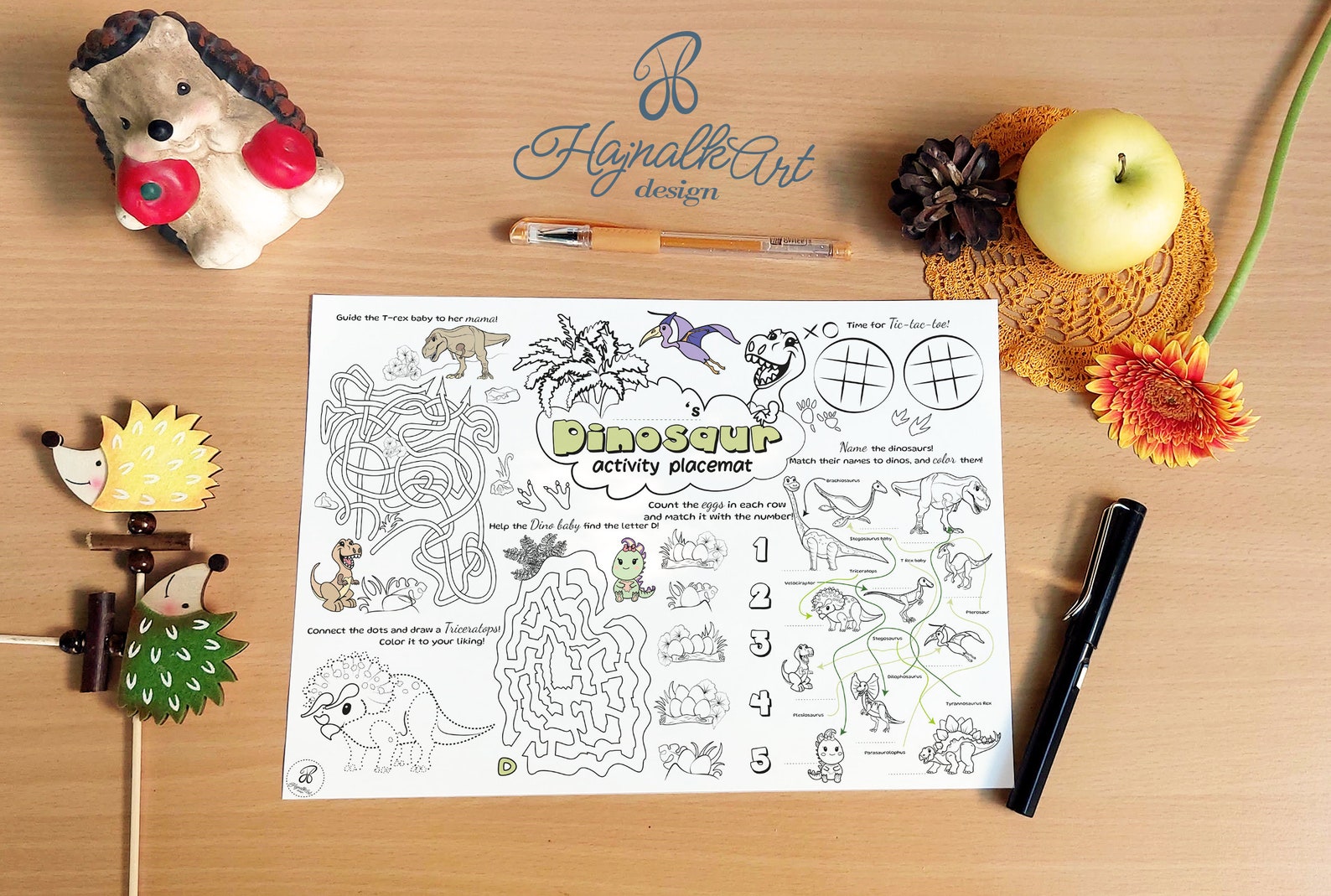 Printable Dinosaur Activity Placemat, Dino Coloring Table Mat, Dinosaur ...