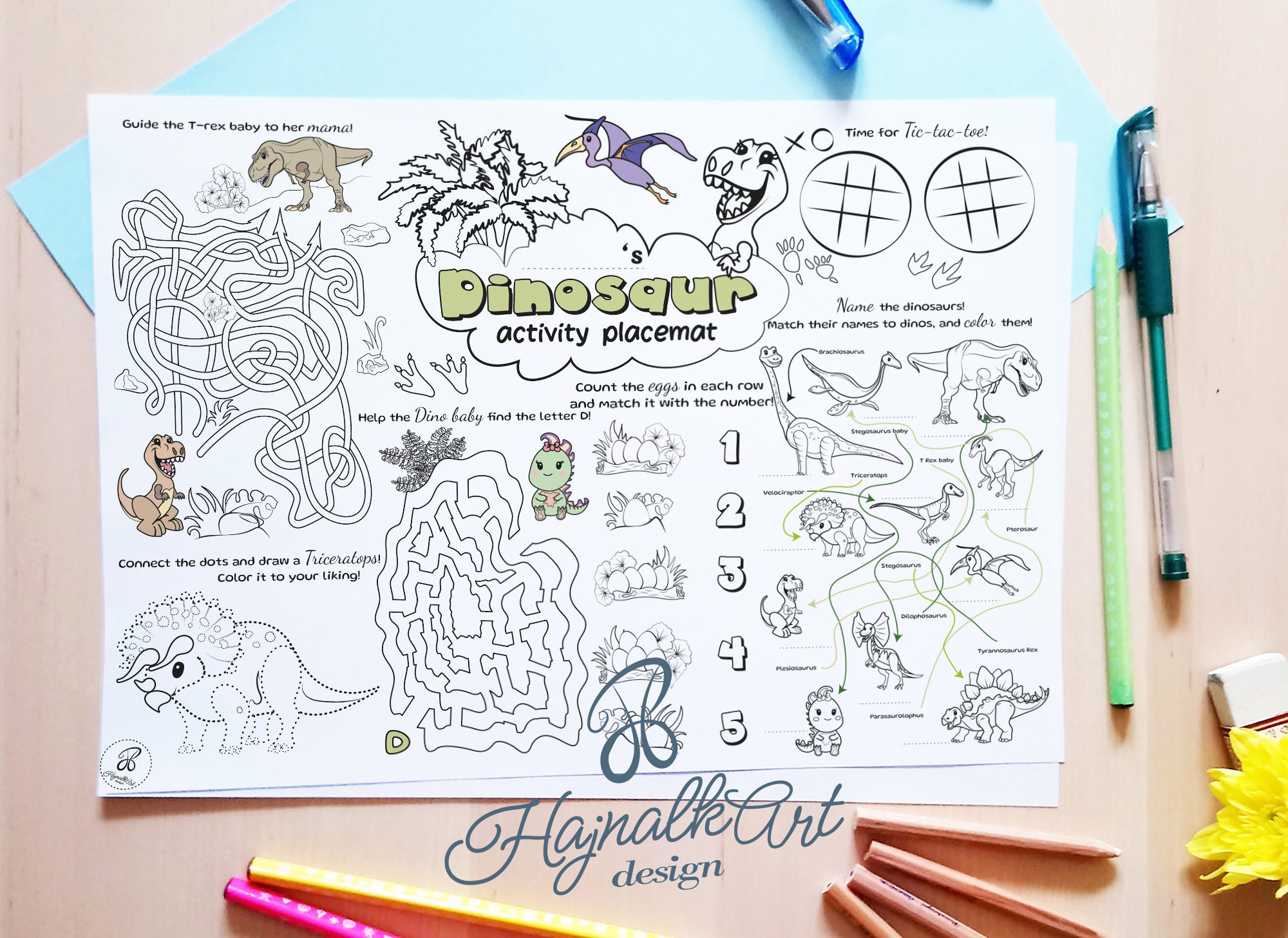 Printable Dinosaur Activity Placemat, Dino Coloring Table Mat, Dinosaur ...