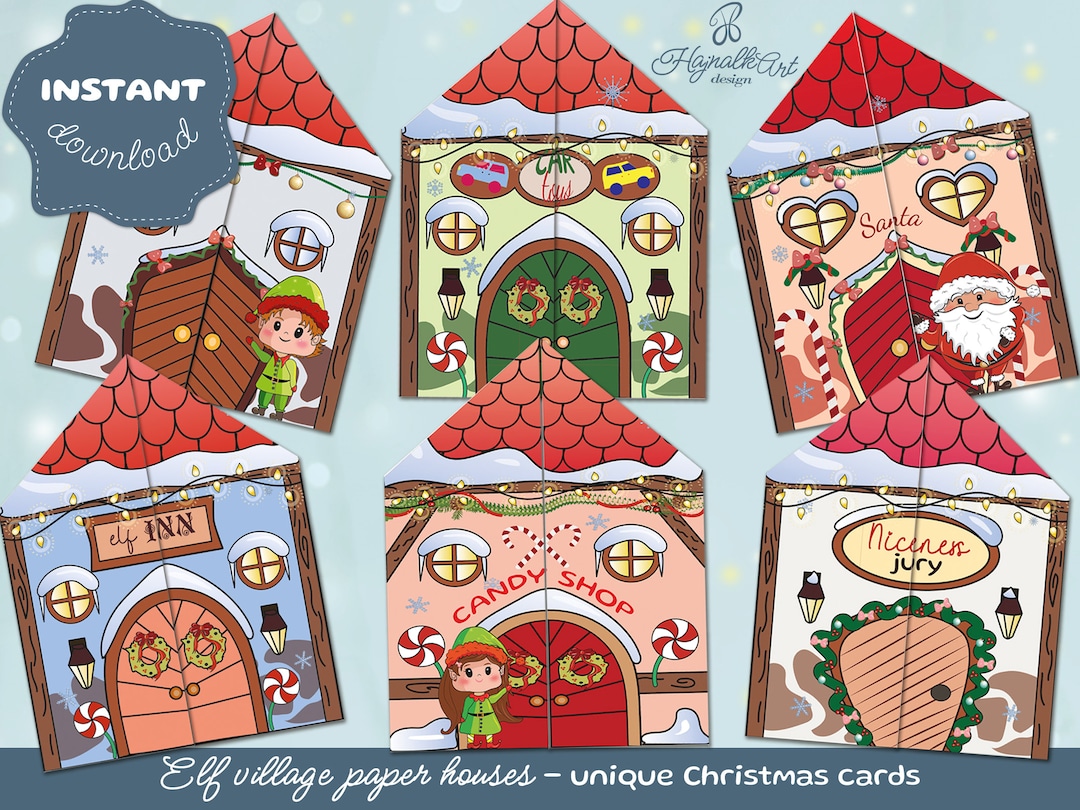 Set of 6 Printable North Pole Christmas Cards, Elf Village Paper Houses ...