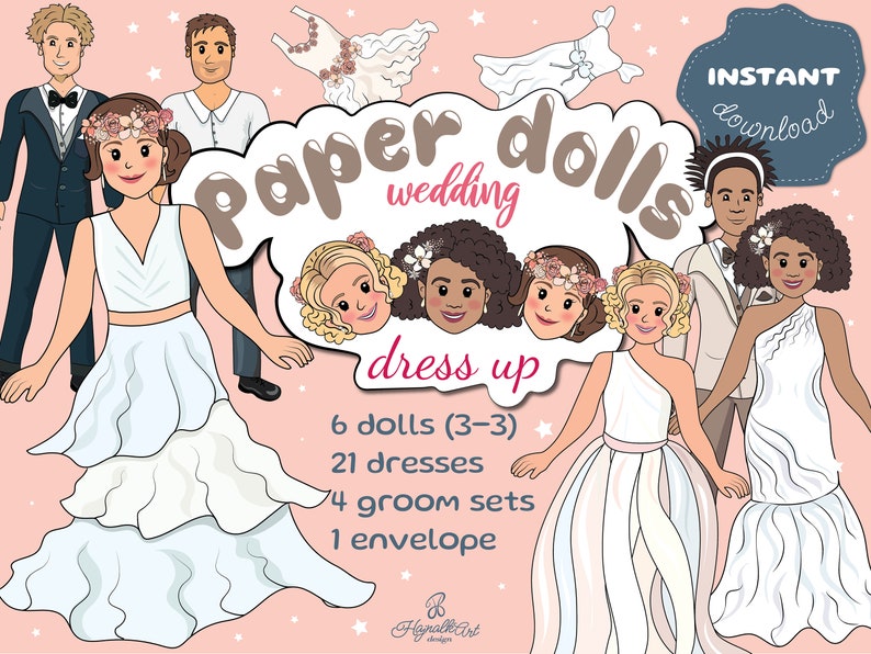 Wedding Paper Dolls Printable Paper Craft, Bride Dress up Paper Dolls ...