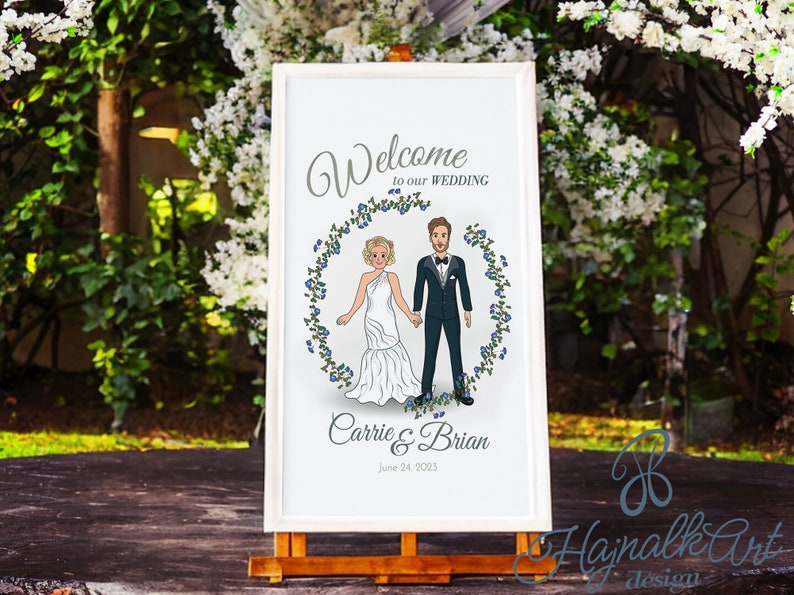 Cartoon Welcome Sign With Couple Portrait Wedding Welcome Sign Cartoon ...