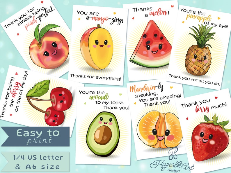 Funny Appreciation Cards With Fruits Printable Thank You Card Set of 8 ...