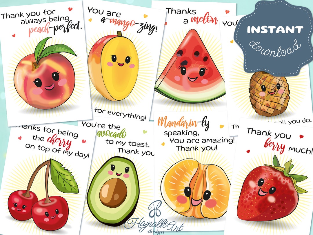 Funny Appreciation Cards With Fruits Printable Thank You Card Set of 8 ...