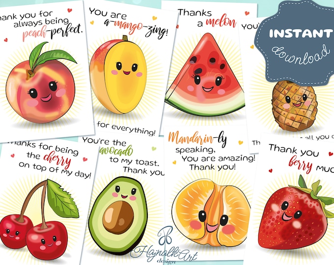 Funny Appreciation Cards With Fruits Printable Thank You Card Set of 8 ...