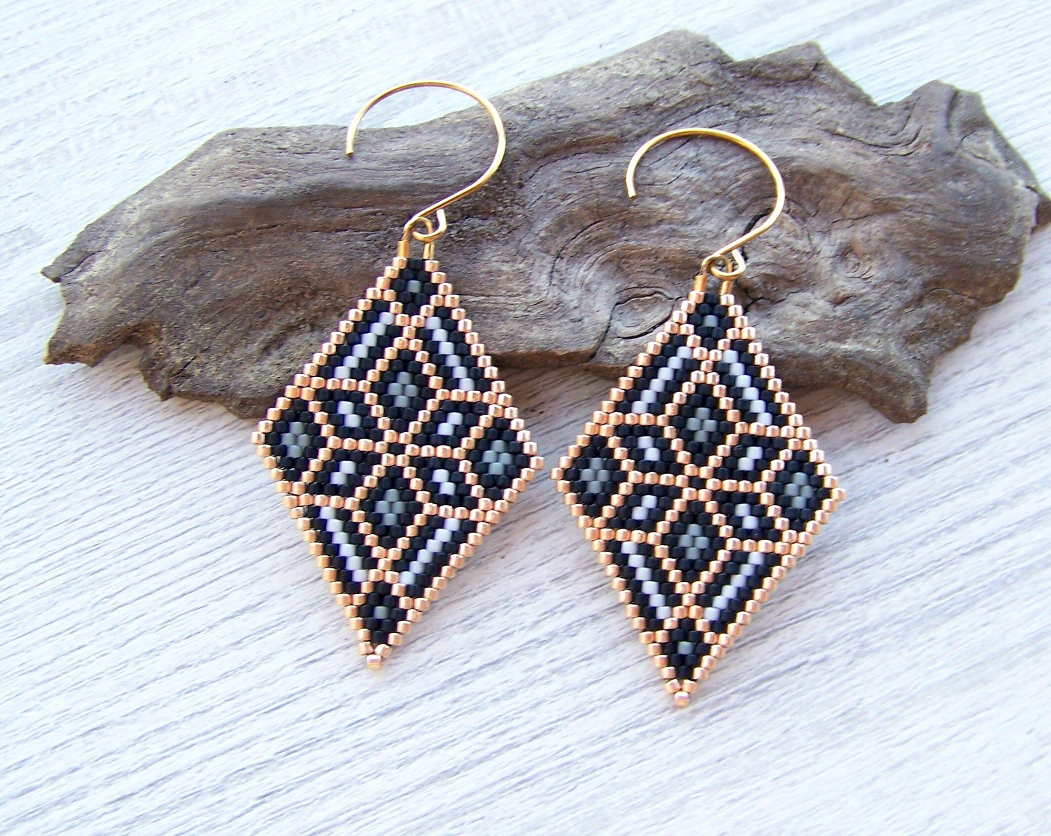 Geometric Flower Brick Stitch Earrings PDF Pattern, Black Grey Gold ...