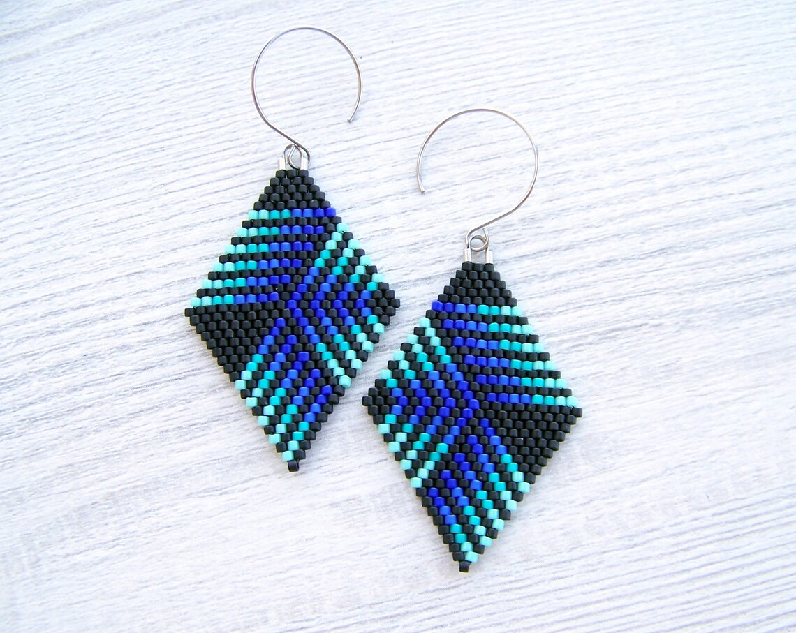 Blue Turquoise Geometric Abstract Rhombus Earrings Brick Stitch Pattern ...