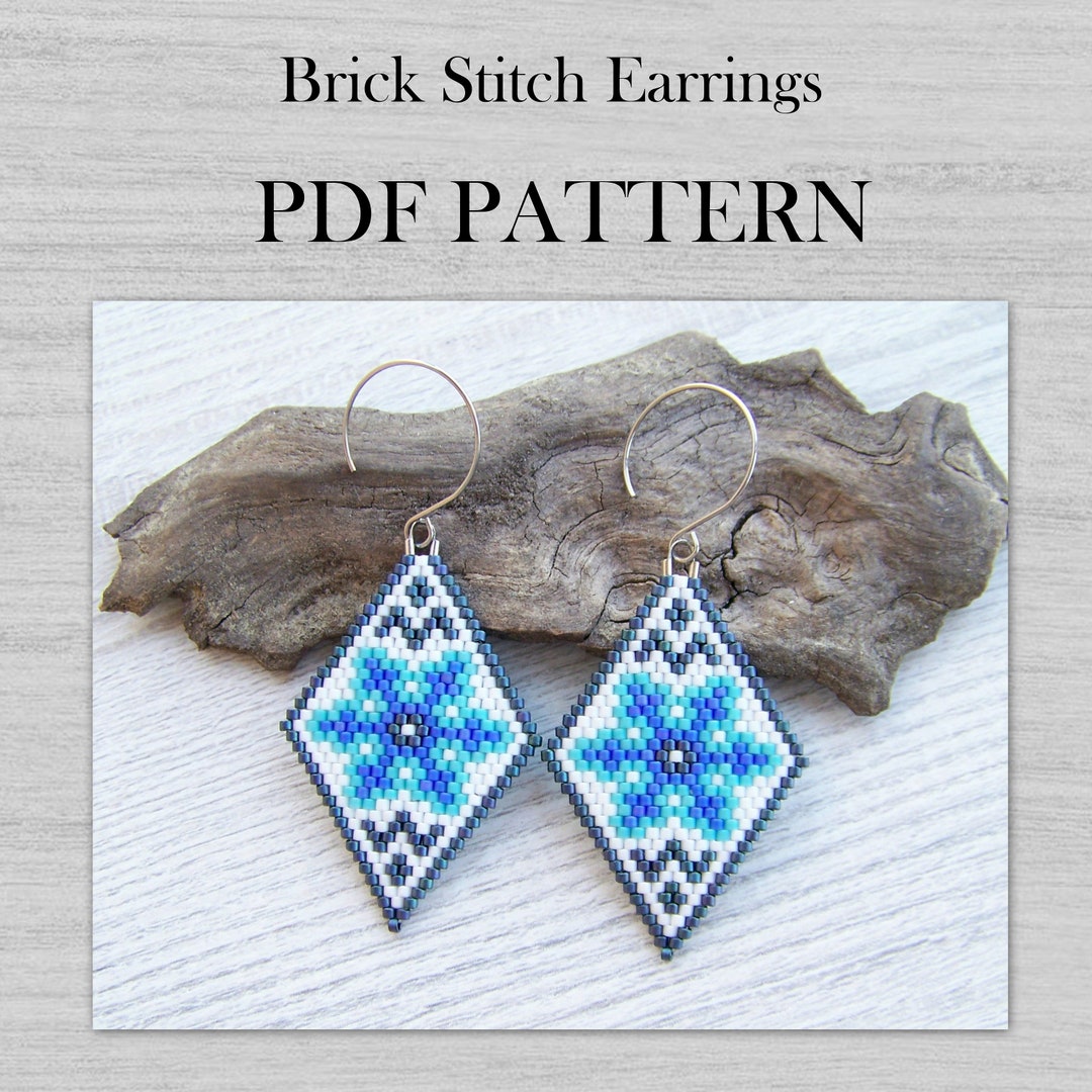Snowflakes Brick Stitch Earrings PDF Pattern, Blue White Winter Rhombus ...