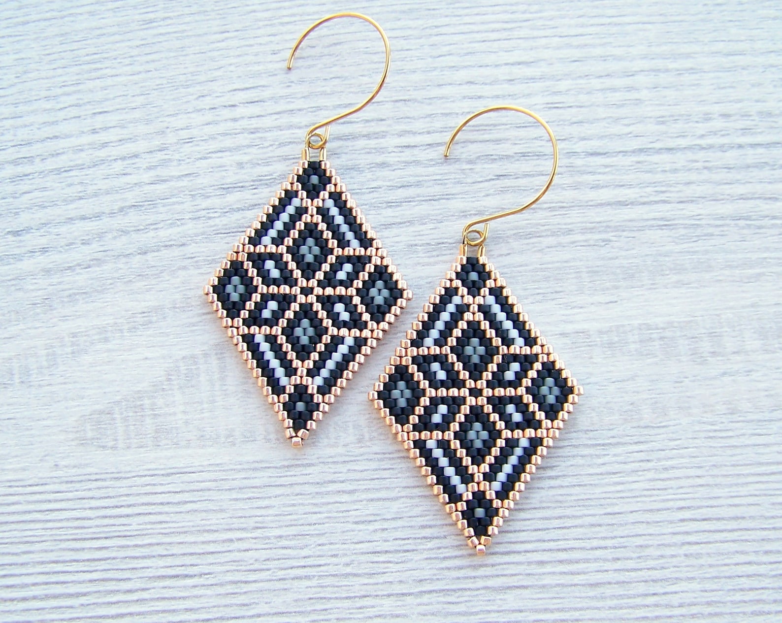 Geometric Flower Brick Stitch Earrings PDF Pattern, Black Grey Gold ...