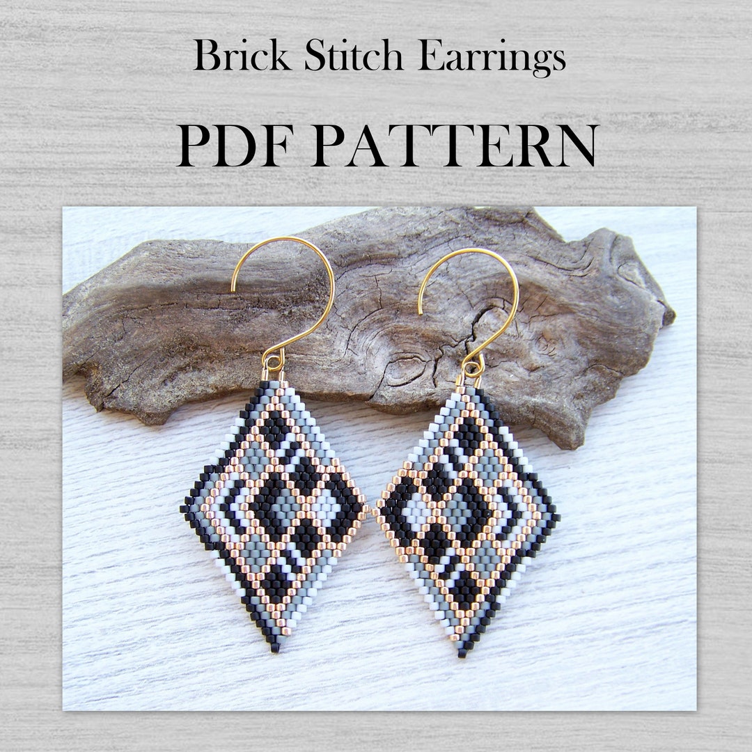 Geometric Brick Stitch Earrings PDF Pattern, Black Grey Gold Rhombus ...